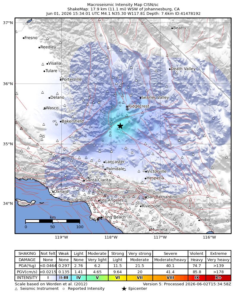 M4.1 Earthquake Johannesburg, CA — June 1, 2026 | 40 Felt Reports
