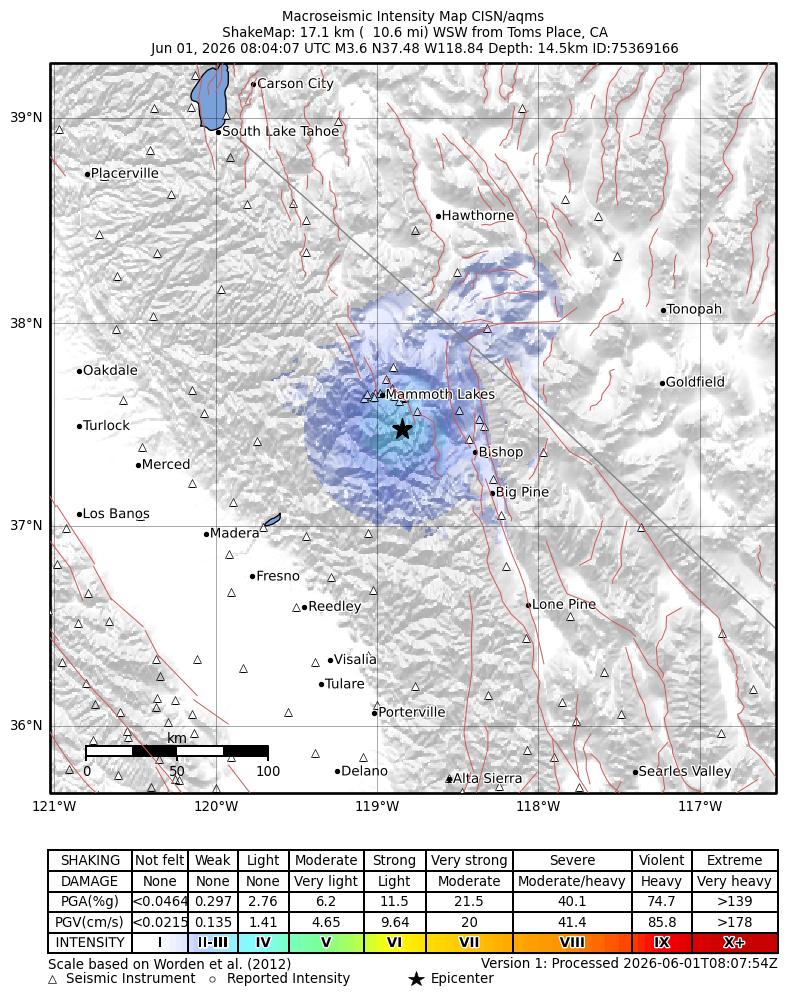 M3.6 Earthquake — Toms Place, CA — June 1, 2026