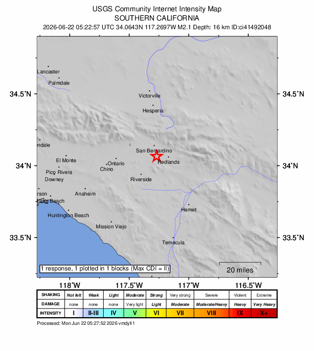 M2.1 Earthquake — Loma Linda, CA — June 22, 2026
