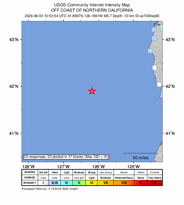 M5.7 Earthquake Pistol River, Oregon — June 3, 2026 | 23 Felt Reports