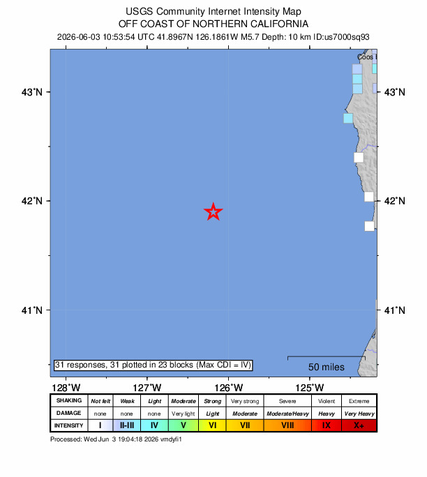 M5.7 Earthquake Pistol River, Oregon — June 3, 2026 | 31 Felt Reports