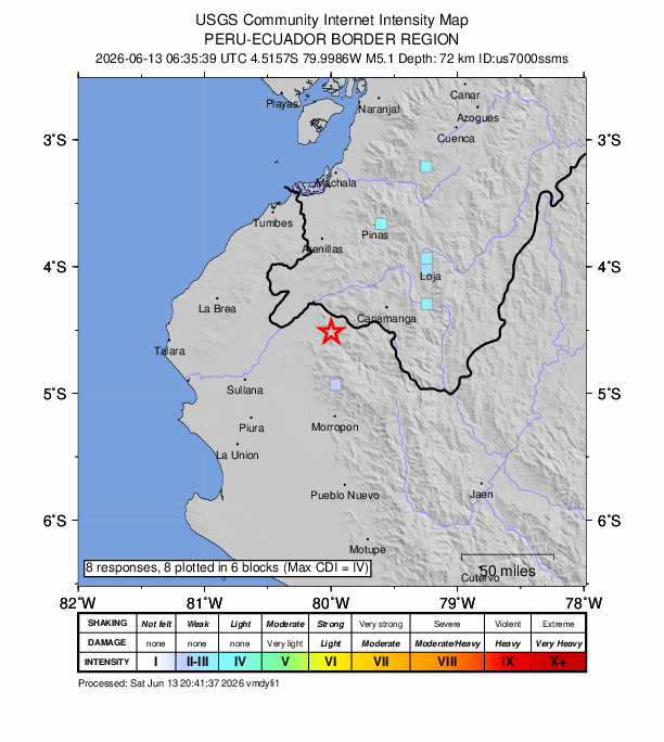 M5.1 Earthquake Suyo, Peru — June 13, 2026 | 8 Felt Reports