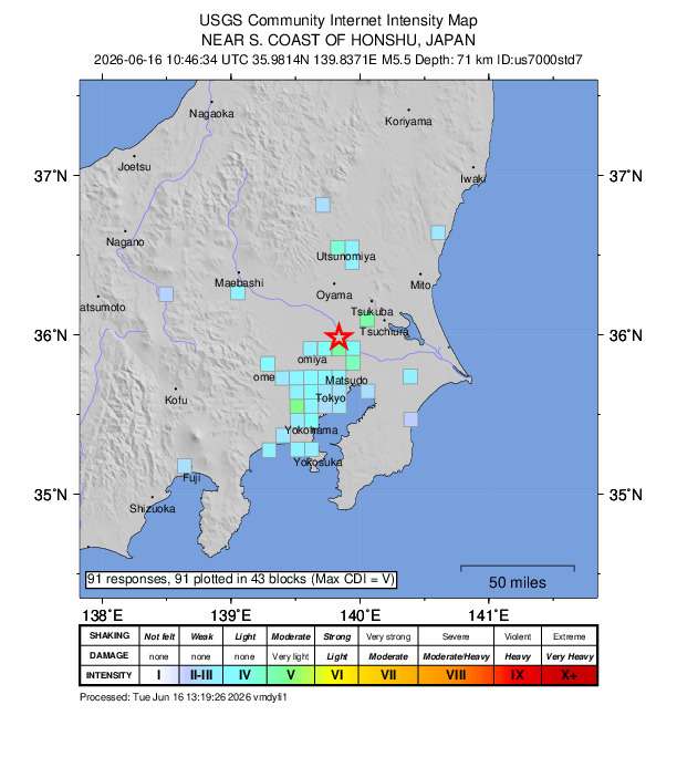 M5.5 Earthquake Noda, Japan — June 16, 2026 | 91 Felt Reports