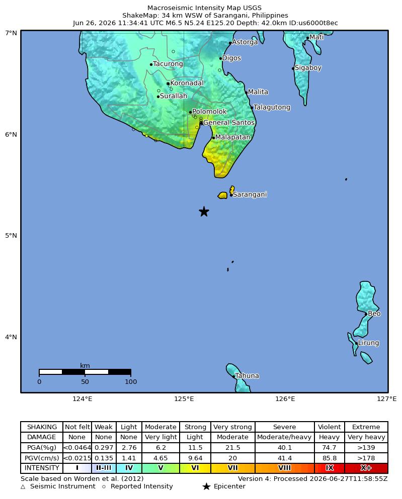 M6.5 Earthquake Sarangani, Philippines — June 26, 2026 | 49 Felt Reports