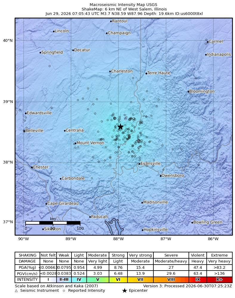 M3.5 Earthquake West Salem, Illinois — June 29, 2026 | 391 Felt Reports