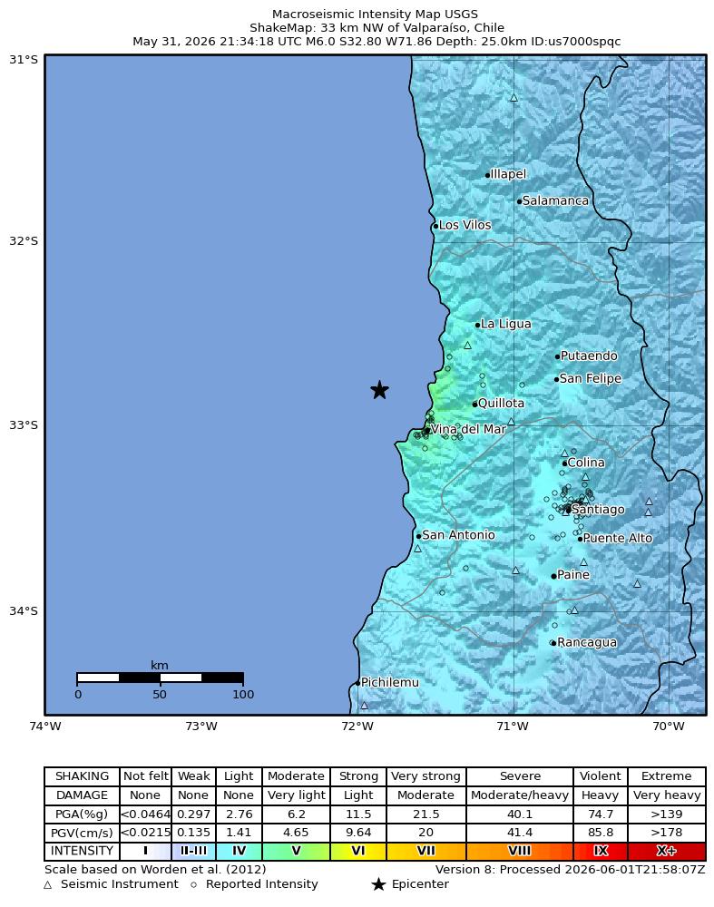 M6.0 Earthquake Valparaíso, Chile — May 31, 2026 | 155 Felt Reports