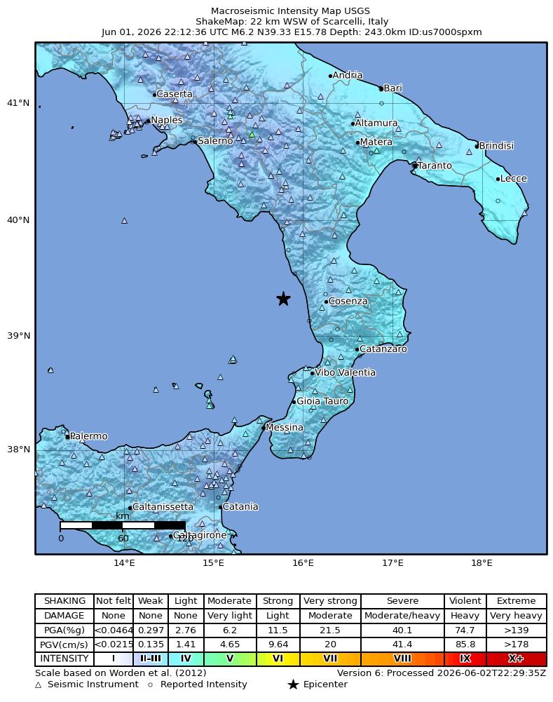 M6.2 Earthquake Scarcelli, Italy — June 1, 2026 | 54 Felt Reports