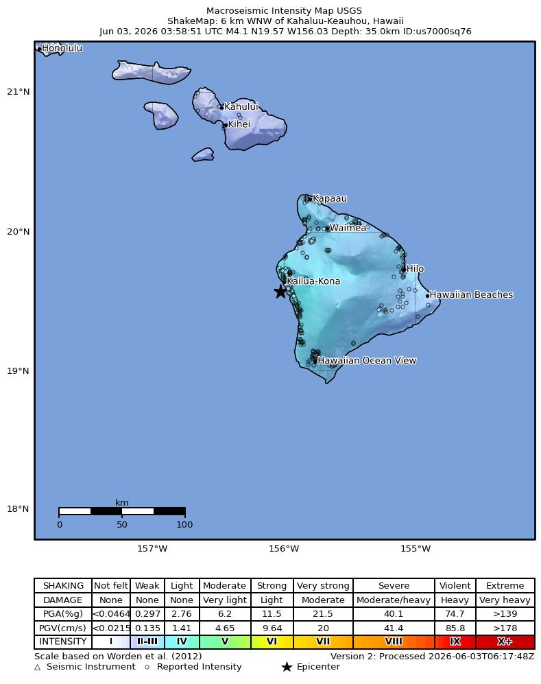 M4.6 Earthquake Kahaluu-Keauhou, Hawaii — June 3, 2026 | 909 Felt Reports