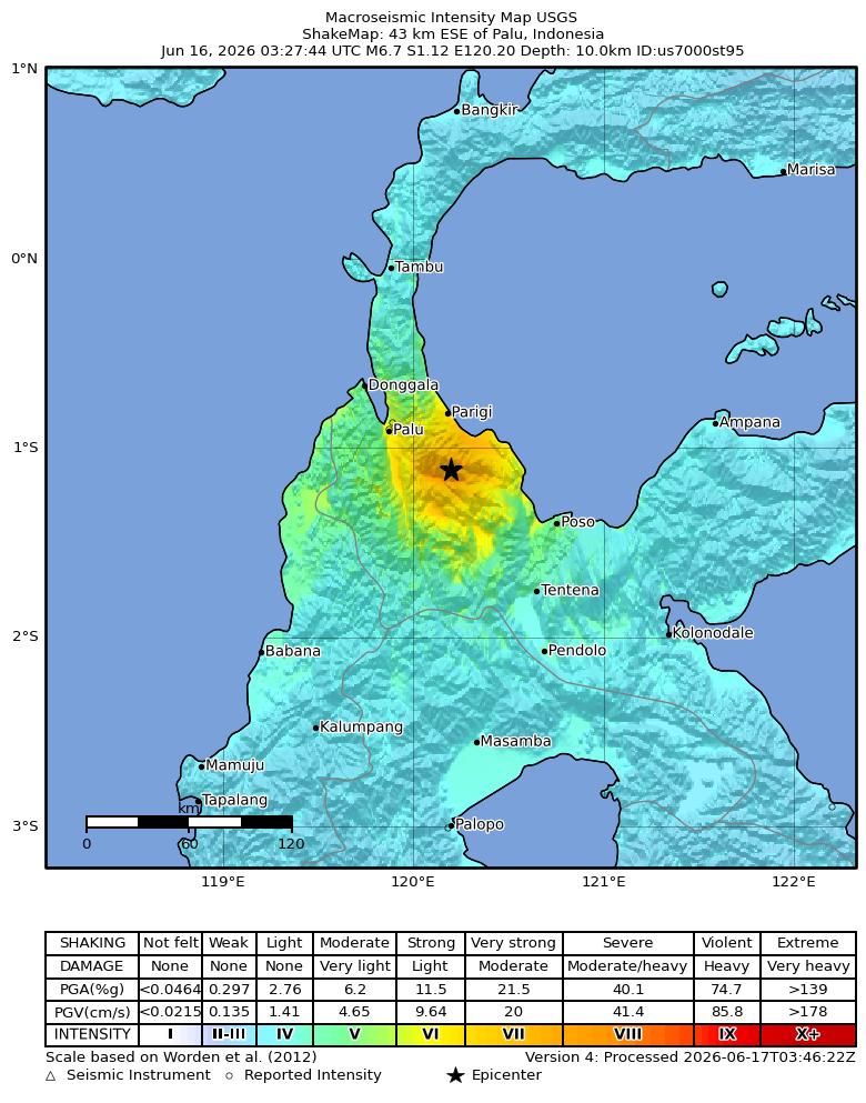 M6.7 Earthquake Palu, Indonesia — June 16, 2026 | 9 Felt Reports