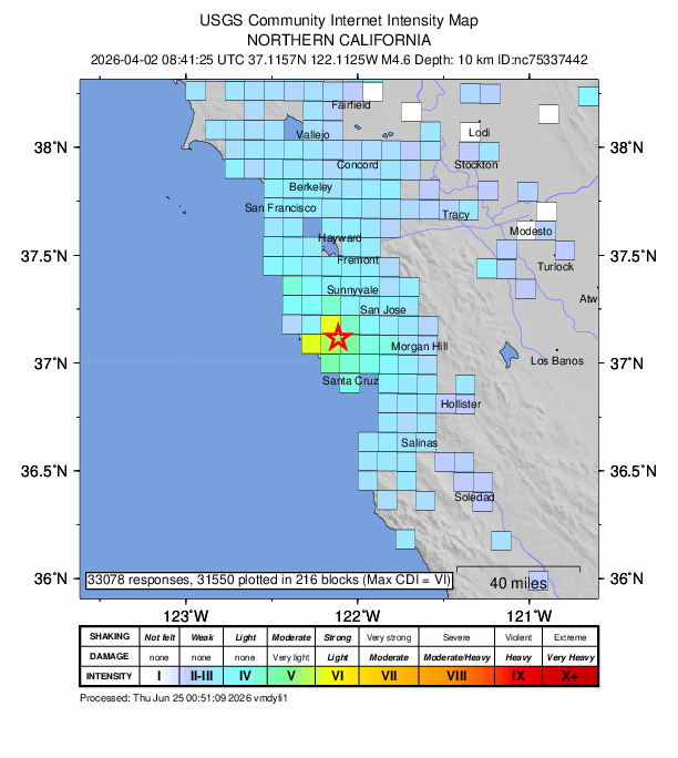 M4.6 Earthquake Boulder Creek, CA — April 2, 2026 | 33,078 Felt Reports
