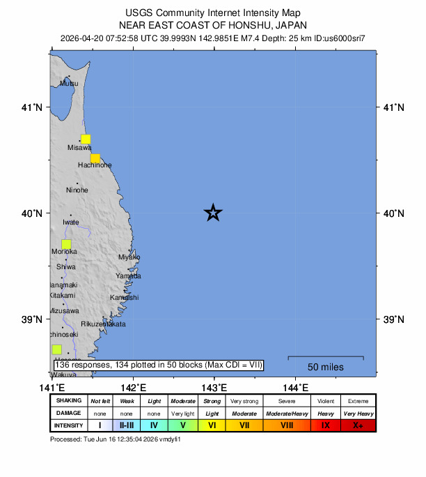 M7.4 Earthquake Miyako, Japan — April 20, 2026 | 136 Felt Reports