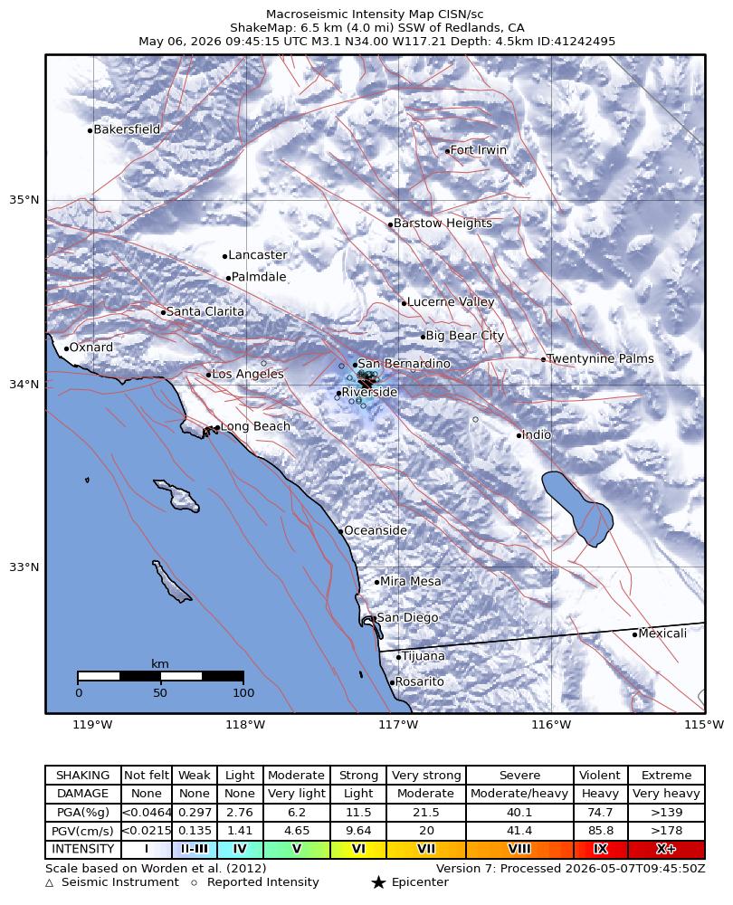 M3.1 Earthquake Redlands, CA — May 6, 2026 | 48 Felt Reports