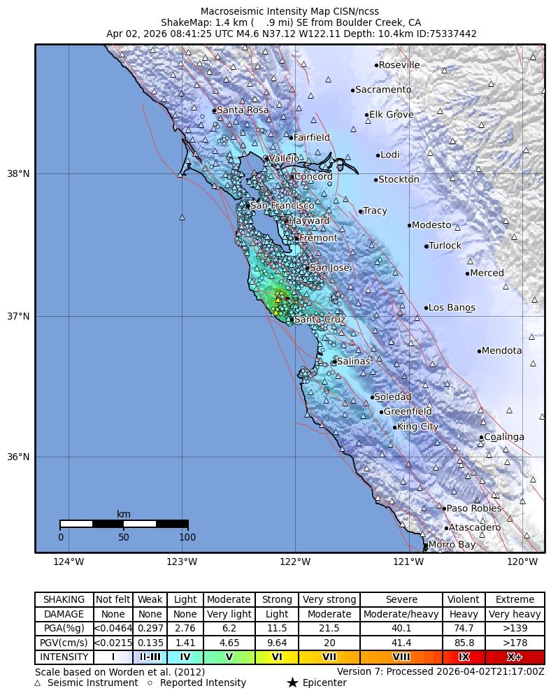 M4.6 Earthquake Boulder Creek, CA — April 2, 2026 | 33,078 Felt Reports