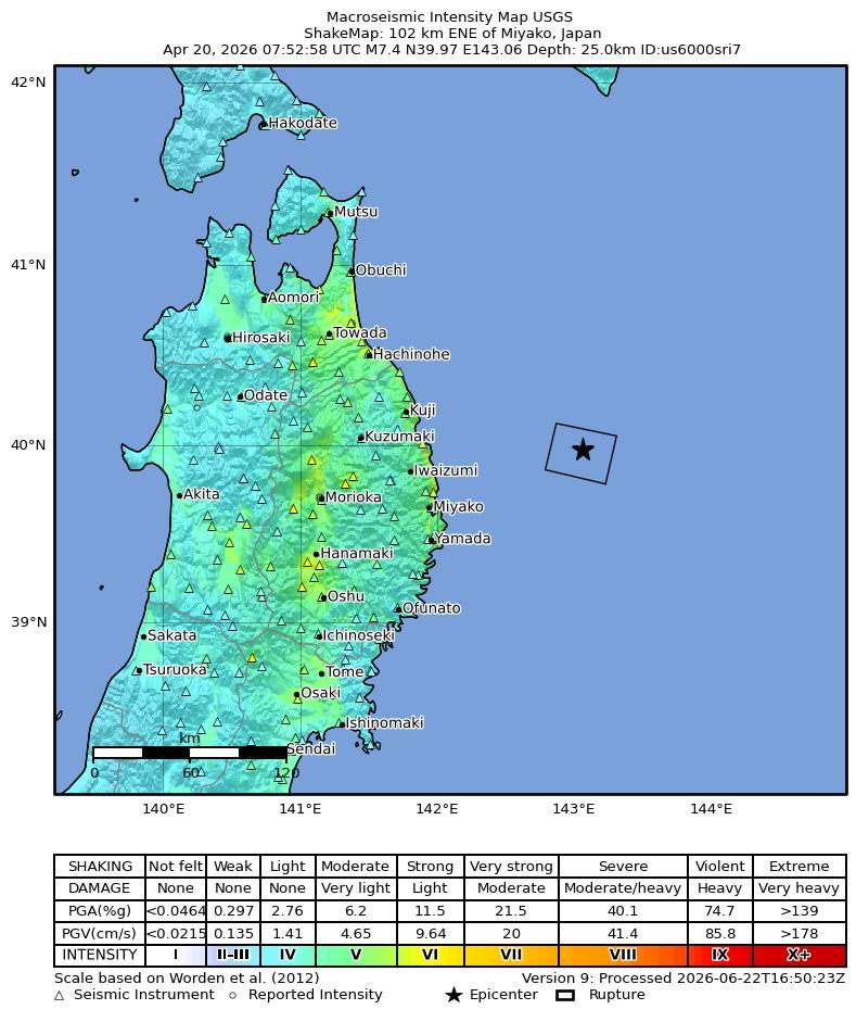 M7.4 Earthquake Miyako, Japan — April 20, 2026 | 136 Felt Reports