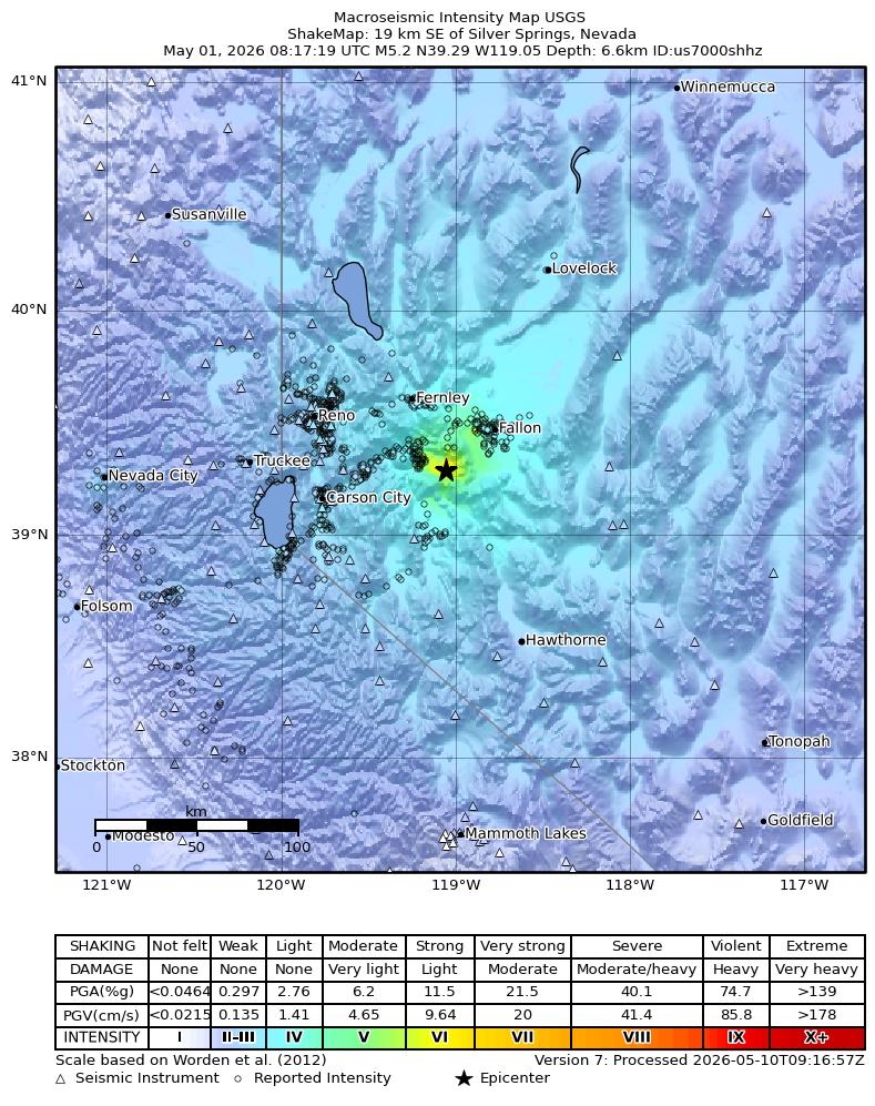 M5.2 Earthquake Silver Springs, Nevada — May 1, 2026 | 1,875 Felt Reports